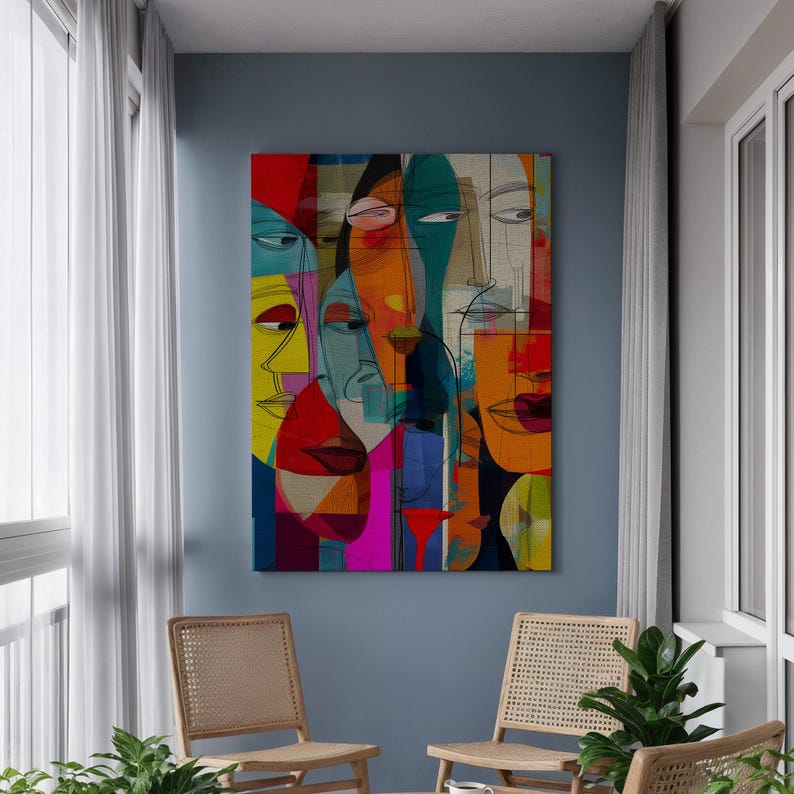 Abstract Faces Wall Art, Colorful Canvas Painting, Extra Large Wall ...