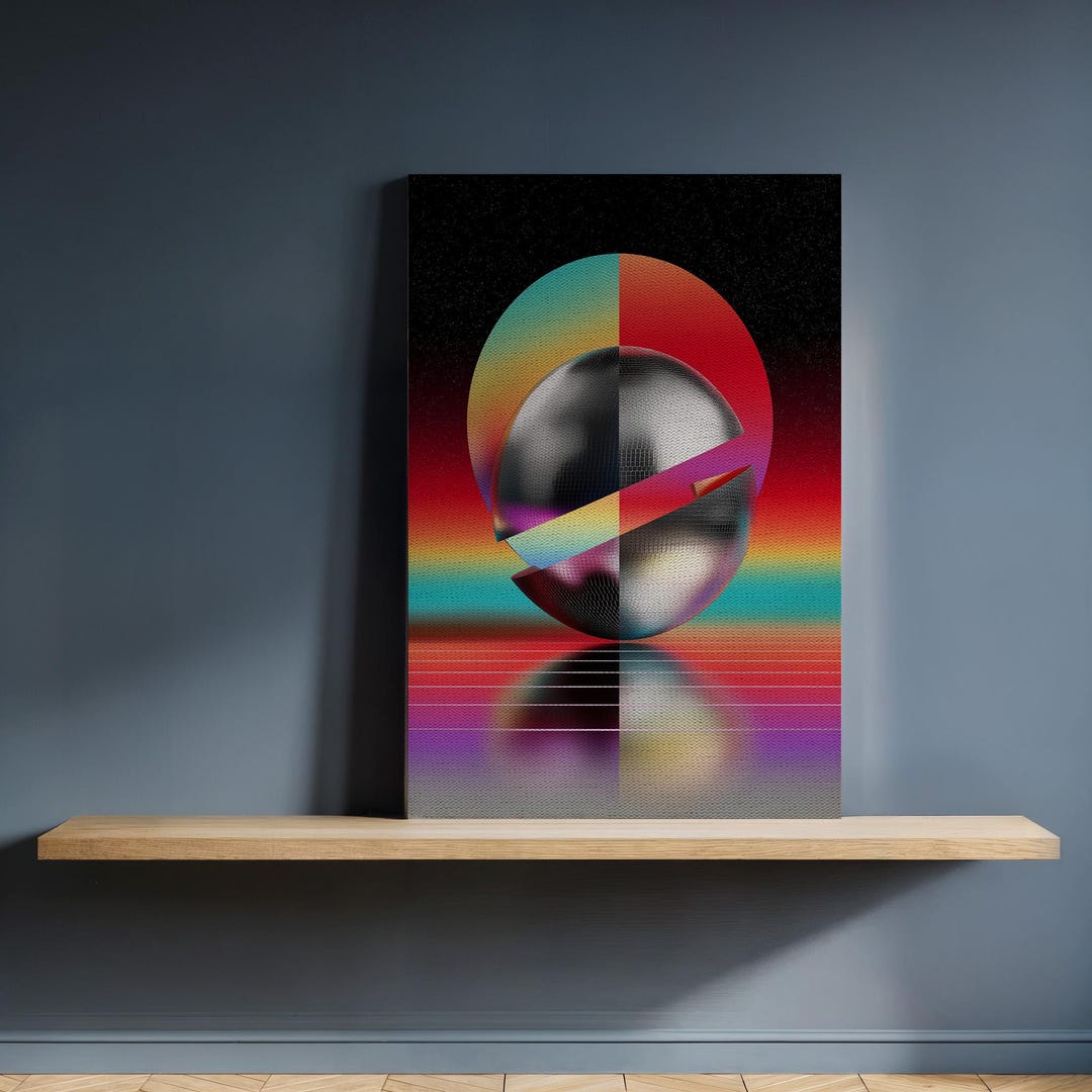 Framed Futuristic Orb Canvas Wall Art, 3D Geometric Sphere With Rainbow ...