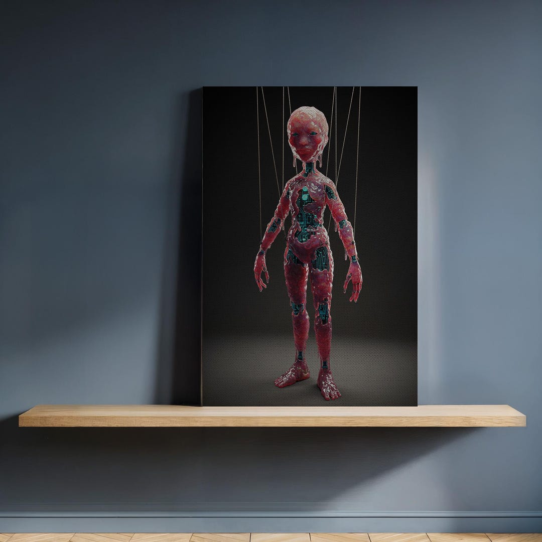 Cybernetic Puppet Wall Art Print, Dark Framed Surreal Canvas, Flesh ...