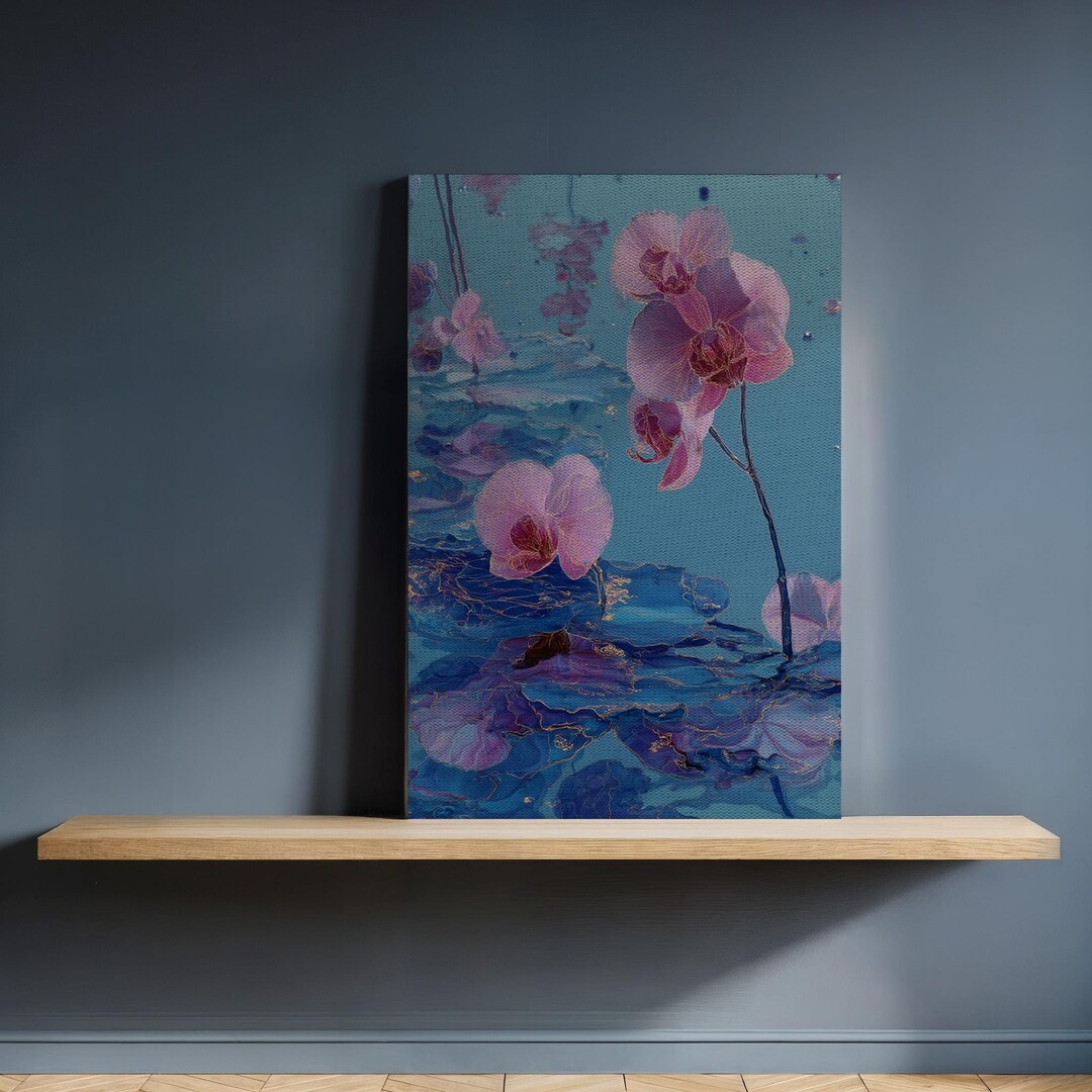 Framed Orchid Flower Canvas Wall Art, Elegant Pink Blooms Over Blue ...