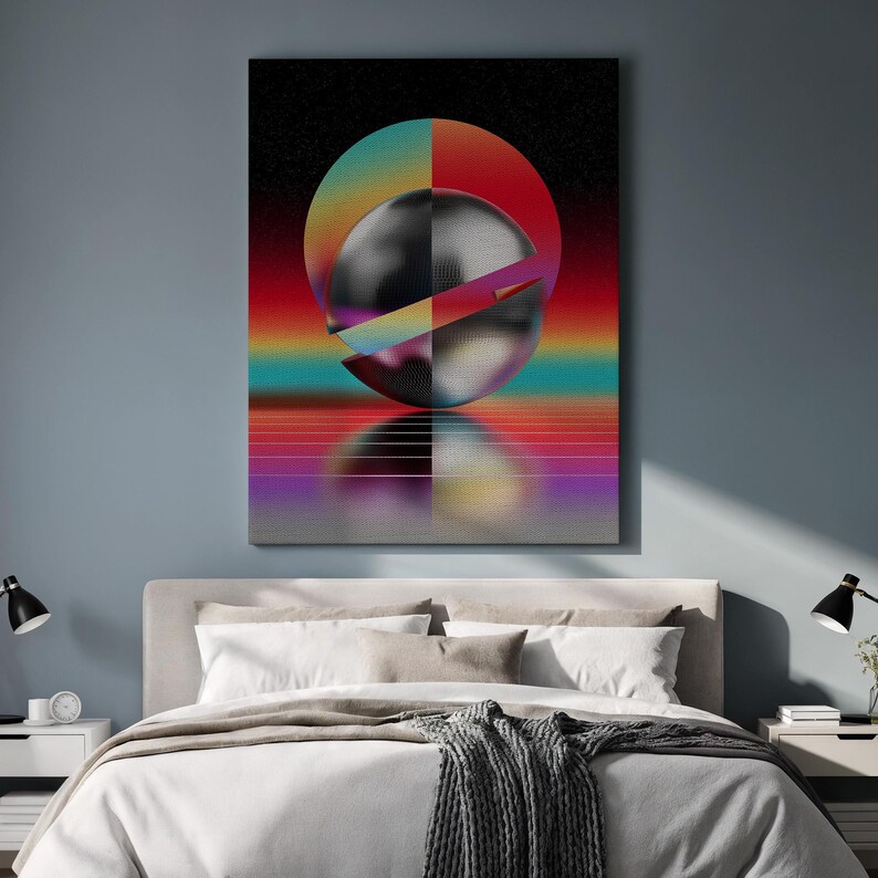 Framed Futuristic Orb Canvas Wall Art, 3D Geometric Sphere With Rainbow ...