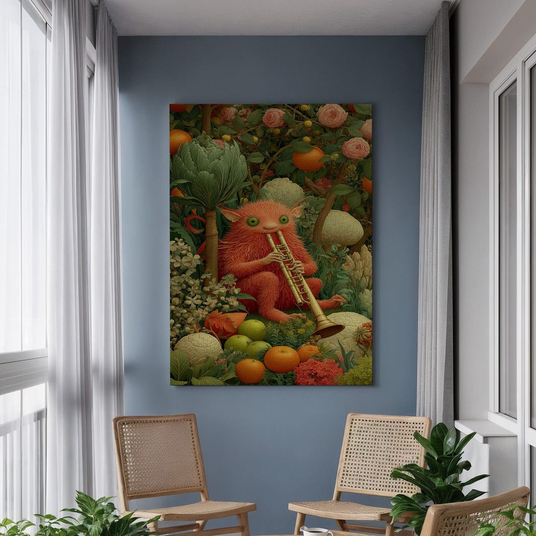 Whimsical Forest Creature Canvas Wall Art, Fuzzy Monster Playing ...