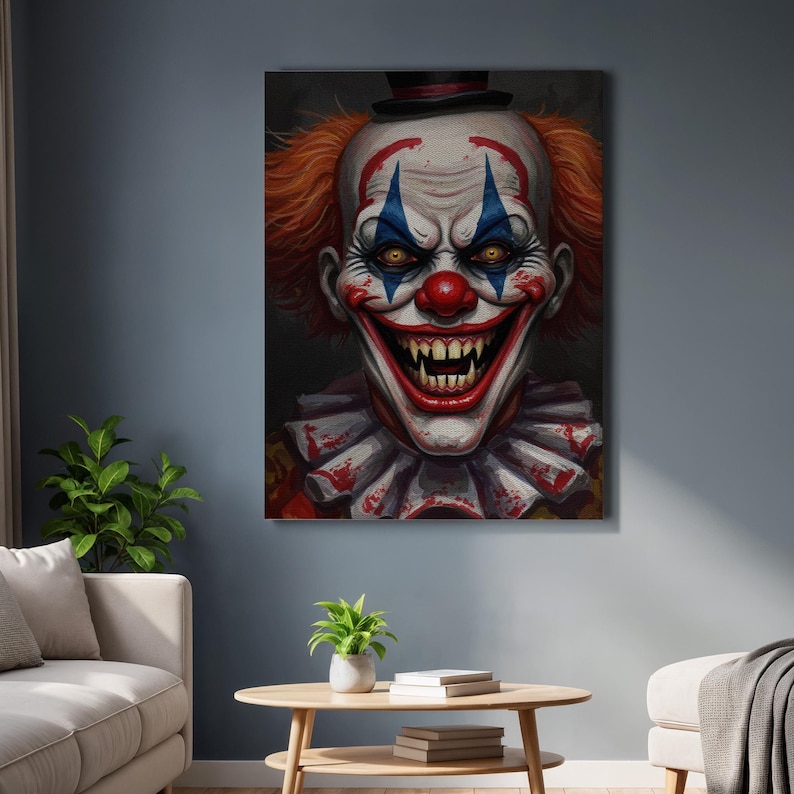 Scary Evil Clown Canvas Wall Art, Creepy Grinning Circus Character ...