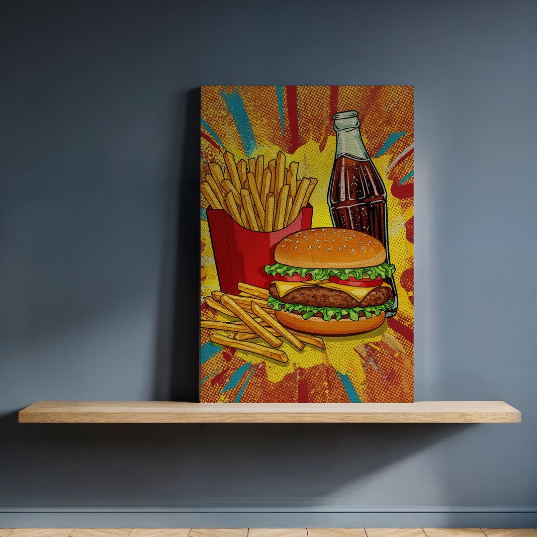 Pop Art Burger and Fries Canvas Wall Art, Retro Fast Food Design With ...