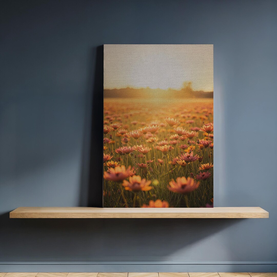 Sunset Wildflower Field Canvas Wall Art, Warm Floral Landscape in Bloom ...