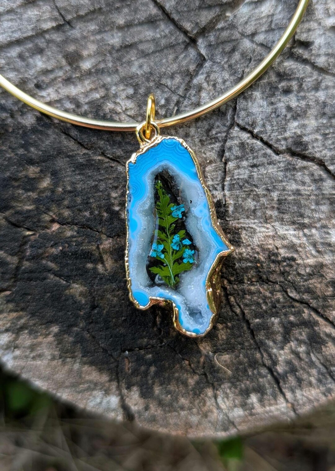 Blue Geode Necklace - Real Dried Flowers & Ferns. Real Fern Jewelry ...