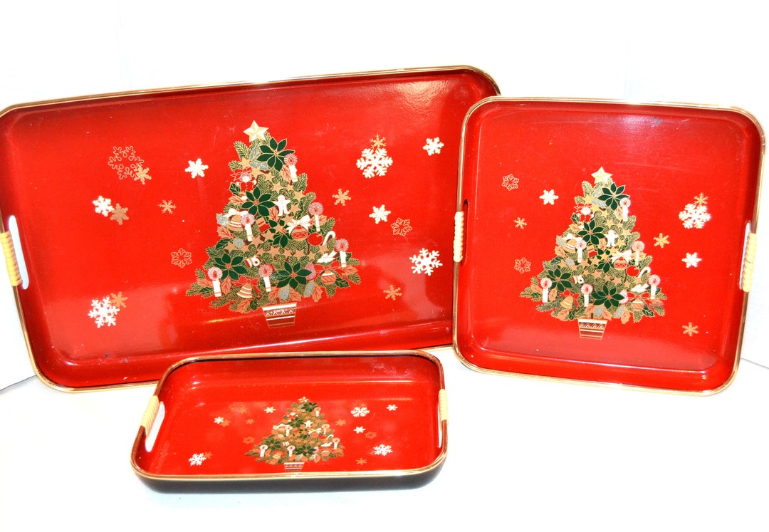 Merry Christmas Vintage Trays Three Pieces Lacquer With Trees and ...