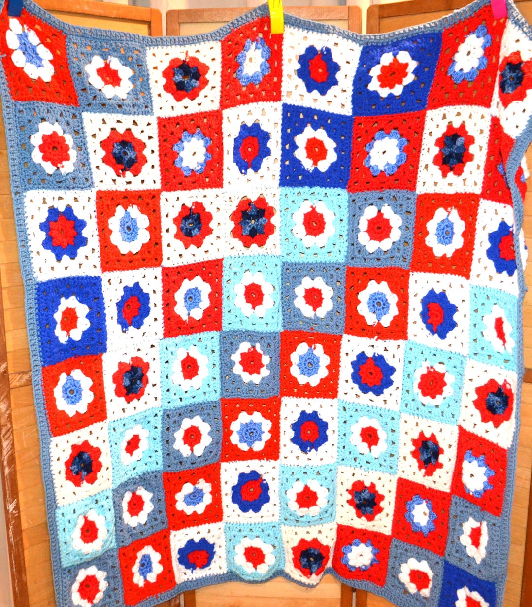 Afghan Red White Blue Granny Squares Americana Cottage Core Retro Campy ...