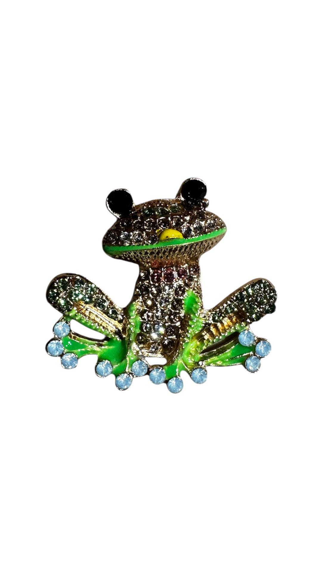 Gold-tone Frog Brooch With Emerald Enamel & Crystal Rhinestones ...