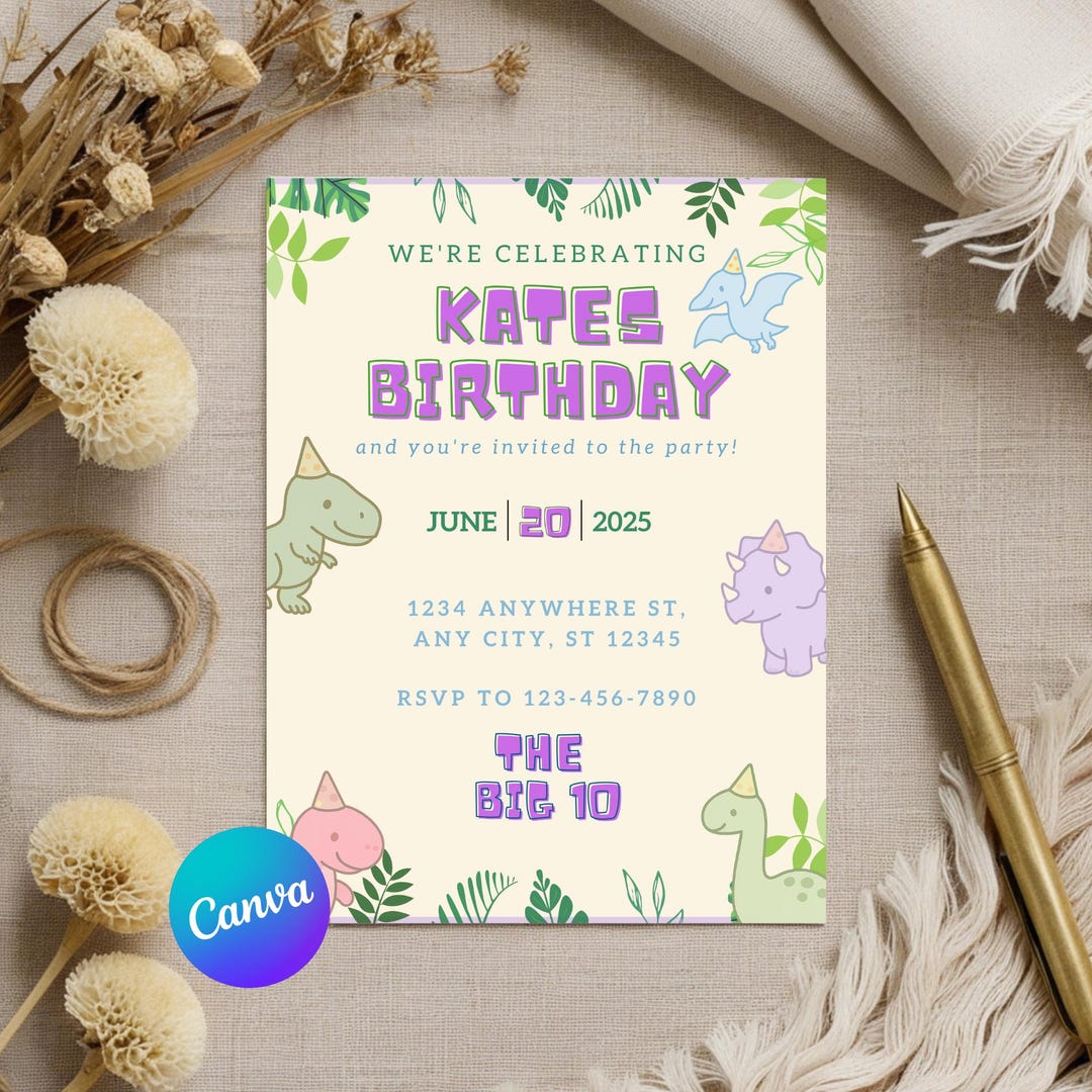 Pastel Dinosaur Birthday Invitation Editable Invite Cute Dino Template ...