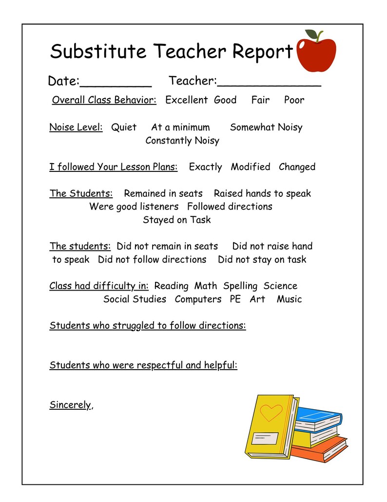 Substitute Teacher Report Form: Classroom Management Feedback - Etsy