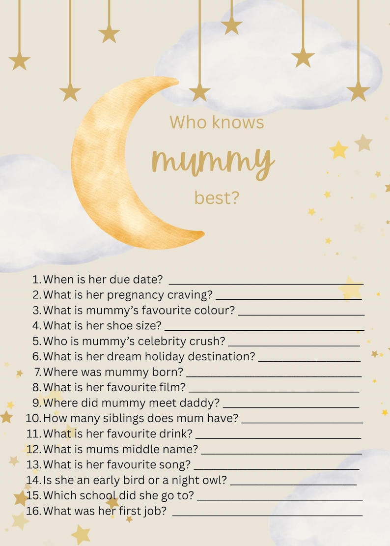 Moon Baby Shower Game, Who Knows Mummy Well, 5x7 Editable Template ...