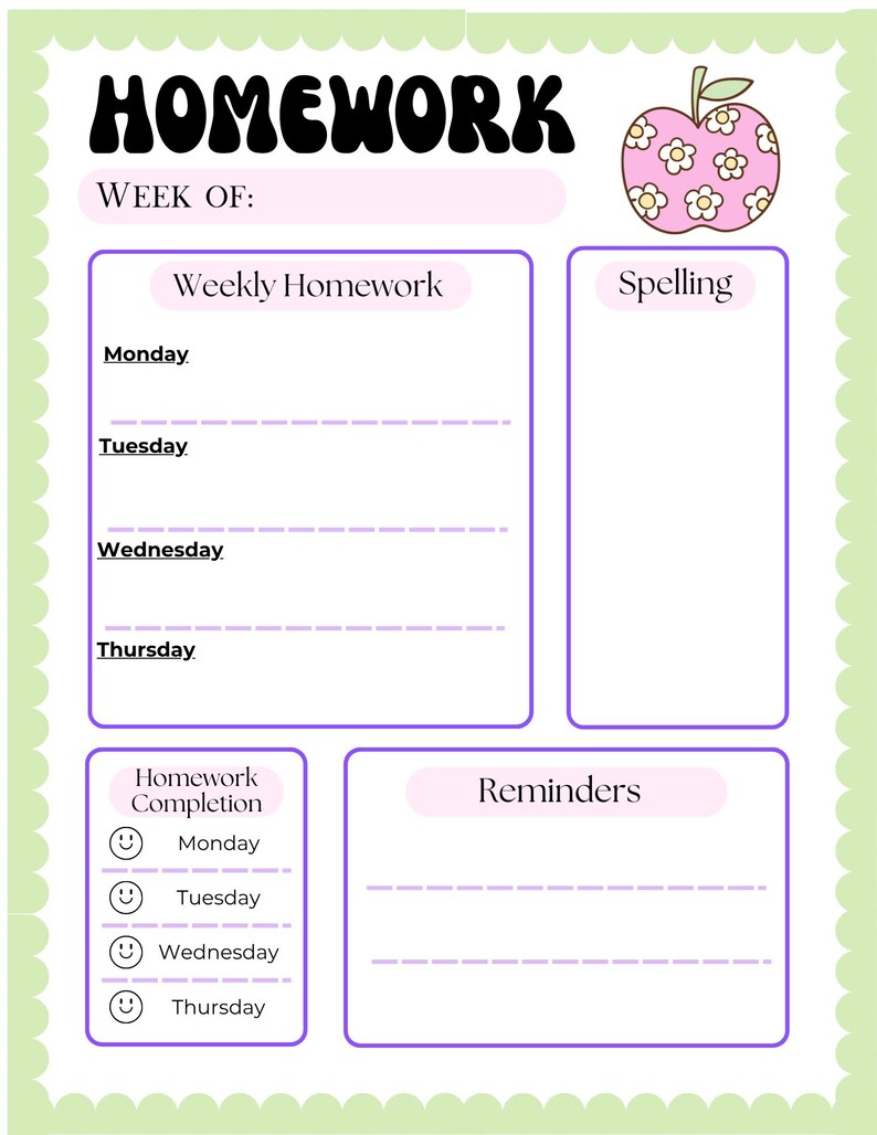 Aesthetic Weekly Homework Page - Etsy