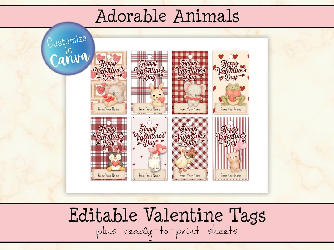 Valentine Gift Tags Canva Template • Animal Valentine Printable Tags ...