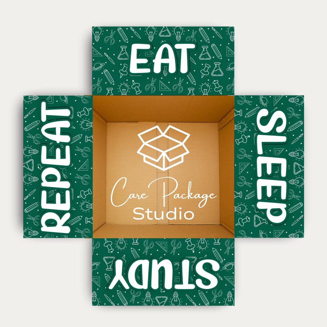 College Student Care Package Box Labels, Eat Sleep Study Repeat ...