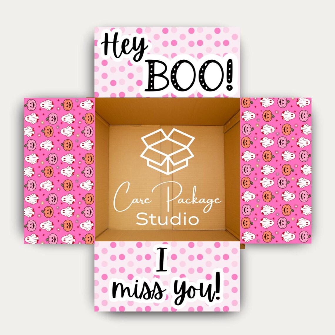 Hey Boo Halloween Care Package Panels, Pink Halloween Box Flaps ...