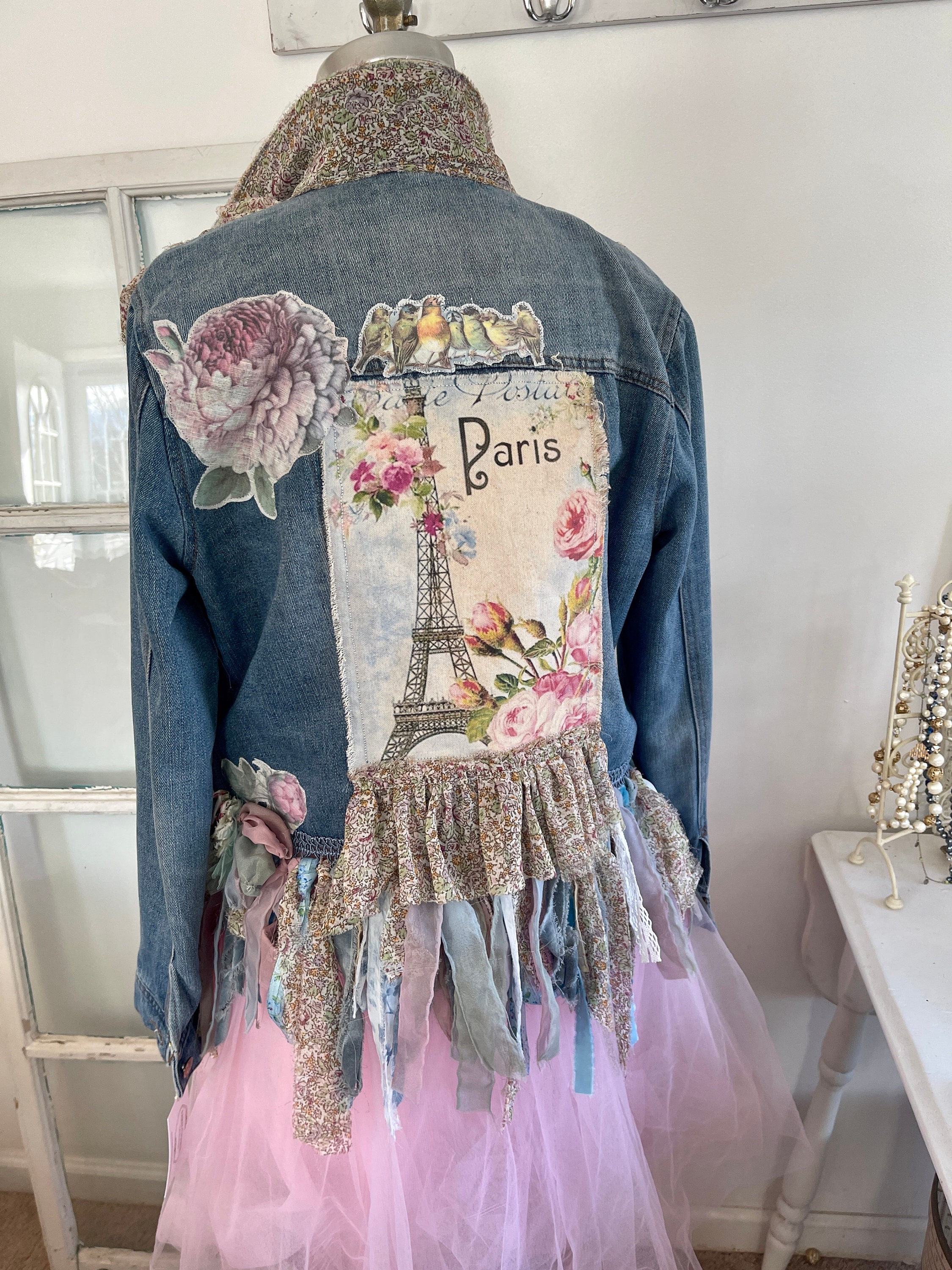Paris Denim Jean Jacket, Paris Floral Appliques on Jean Jacket, Concert ...