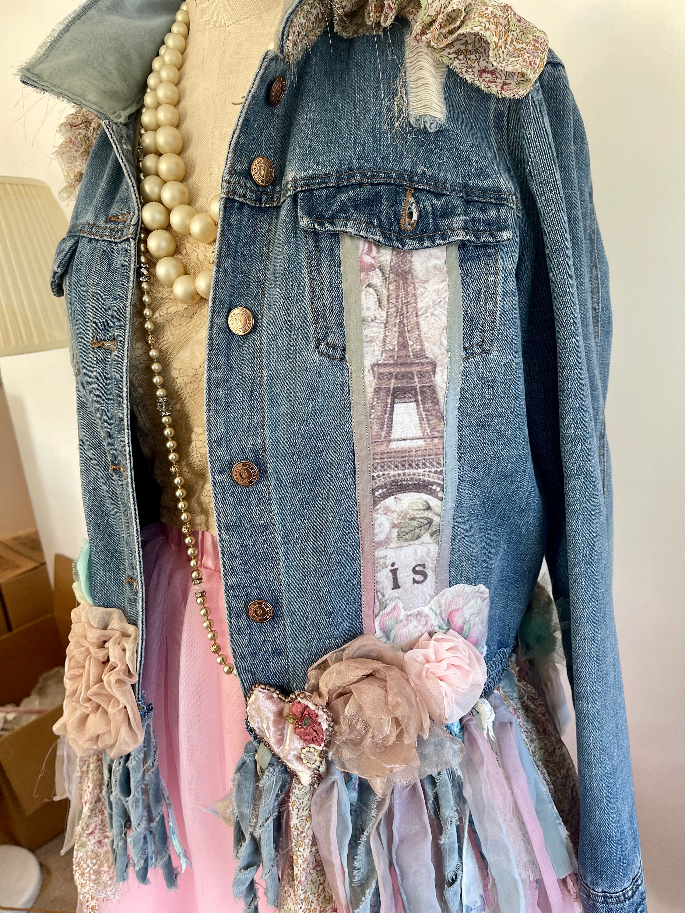 Paris Denim Jean Jacket, Paris Floral Appliques on Jean Jacket, Concert ...