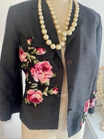 Black Silk Floral Applique Jacket, Black Jacket With Pink Roses, Shabby ...