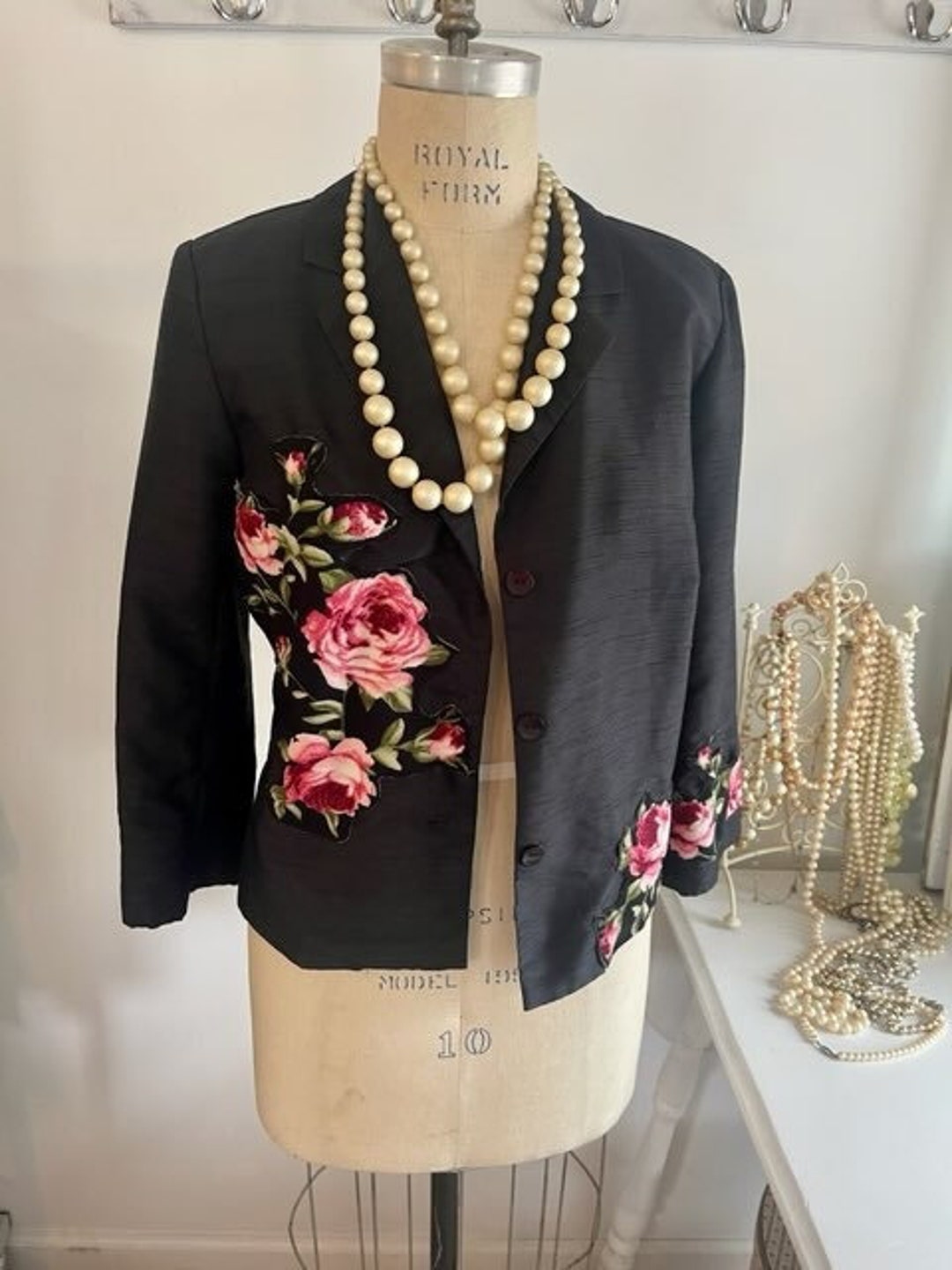 Black Silk Floral Applique Jacket, Black Jacket With Pink Roses, Shabby ...
