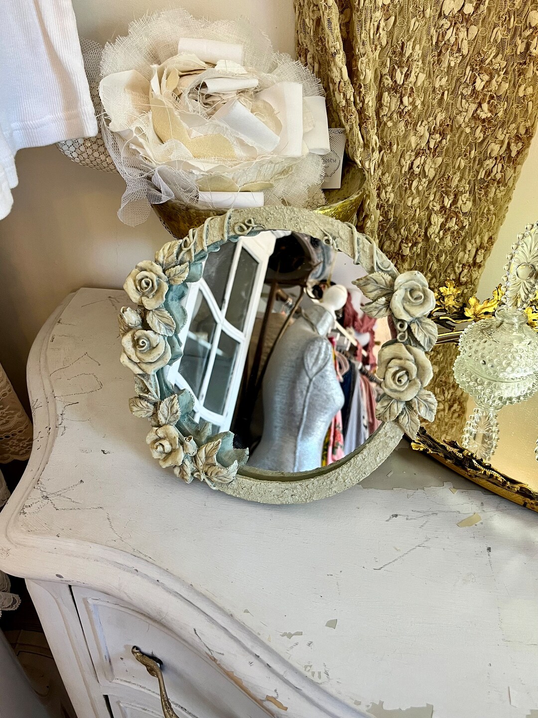 Vintage Round Stand-alone Mirror Mirror With Ceramic Rose and - Etsy