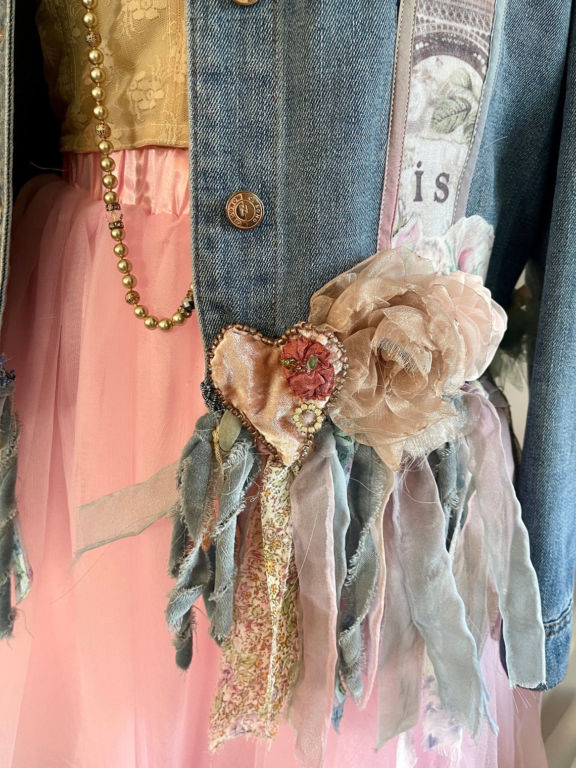 Paris Denim Jean Jacket, Paris Floral Appliques on Jean Jacket, Concert ...