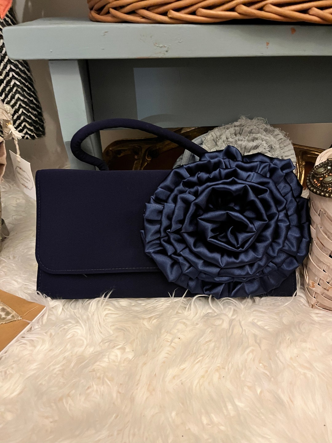 Plush Dark Blue Handbag, Upcycled Navy Blue Handbag With Mini Strap ...