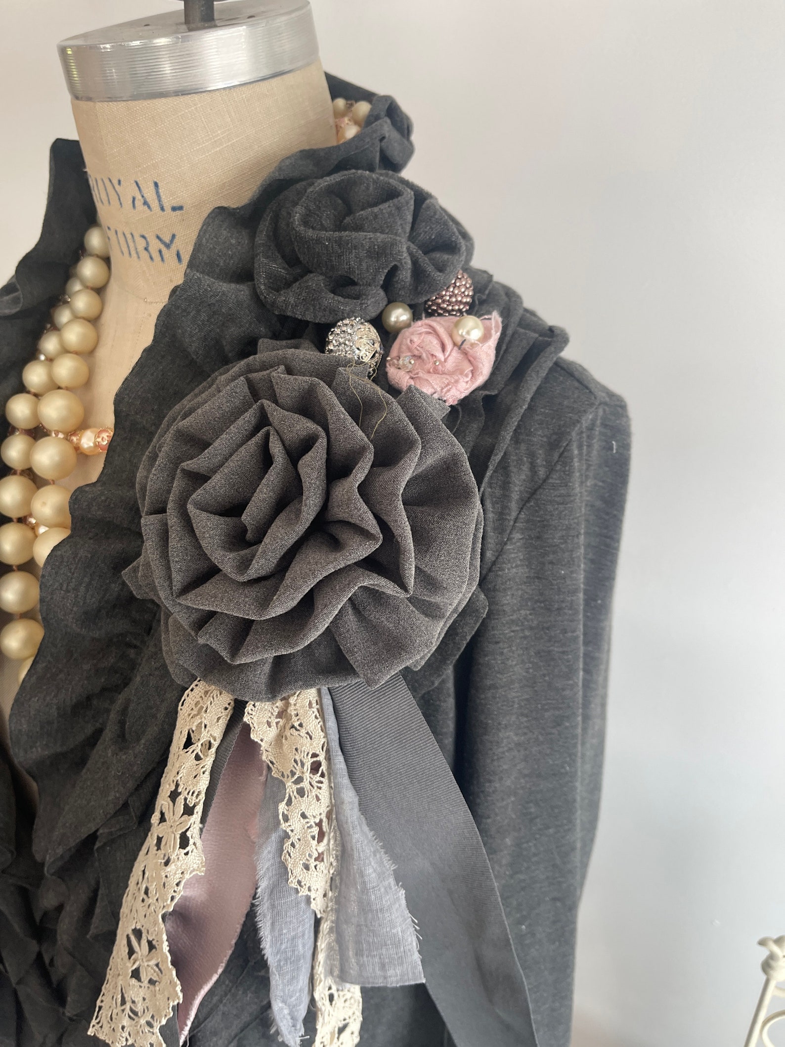 Upcycled Couture Clothing, Gray Jersey Ruffle Cardigan, Girly Style ...