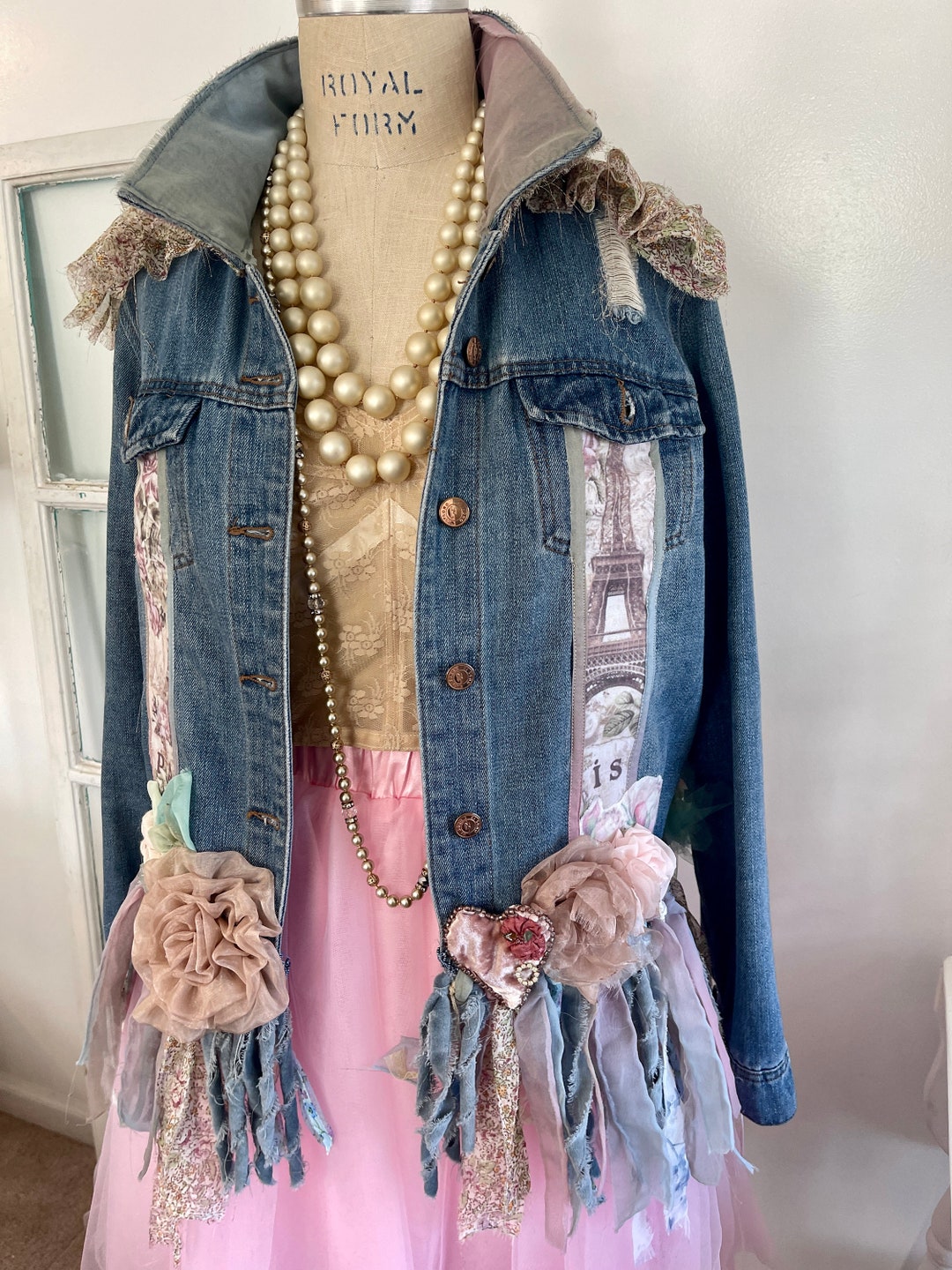 Paris Denim Jean Jacket, Paris Floral Appliques on Jean Jacket, Concert ...