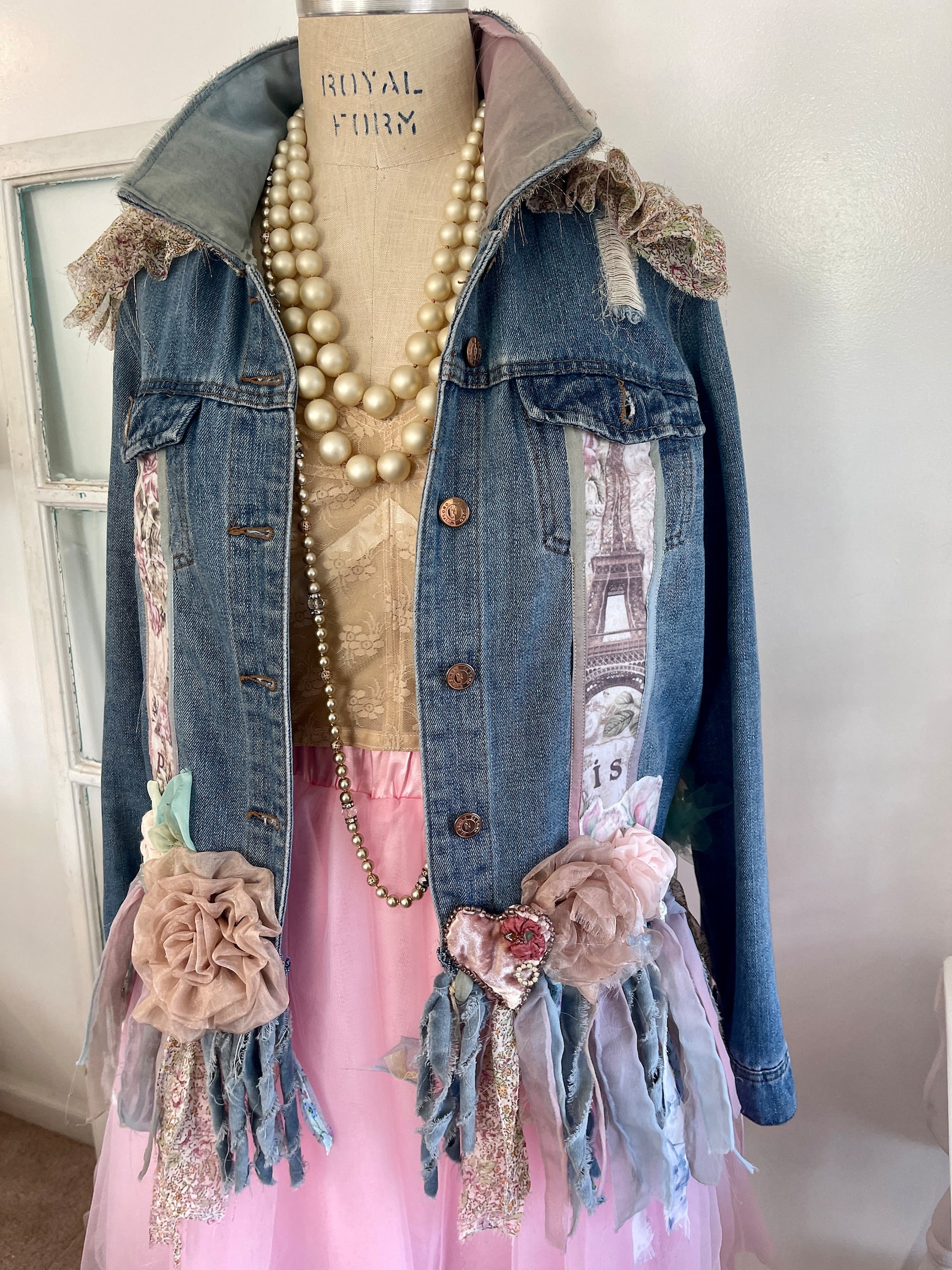 Paris Denim Jean Jacket, Paris Floral Appliques on Jean Jacket, Concert ...