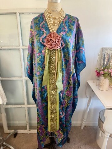 Blue Floral Print Silky Kaftan, Bohemian Kaftan, Embellished Boho ...