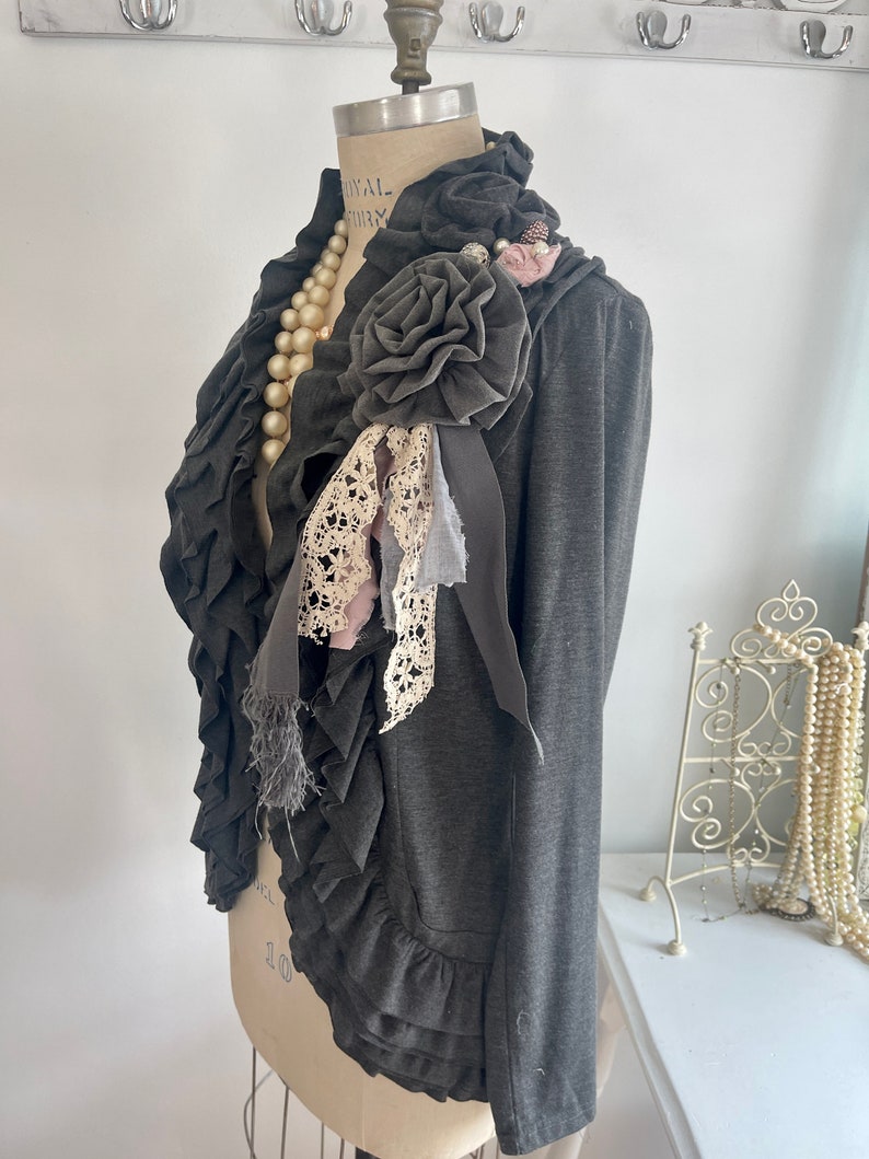 Upcycled Couture Clothing, Gray Jersey Ruffle Cardigan, Girly Style ...