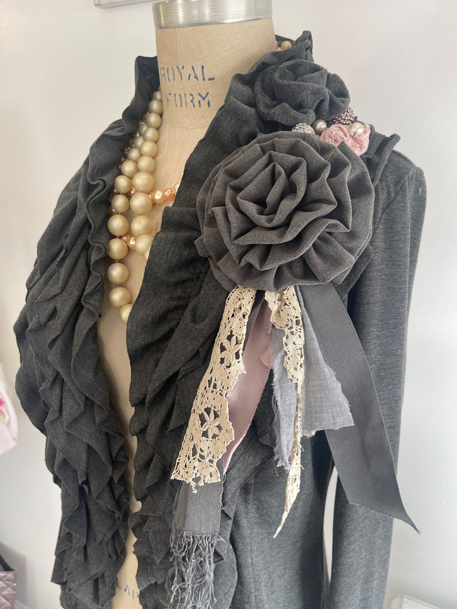 Upcycled Couture Clothing, Gray Jersey Ruffle Cardigan, Girly Style ...