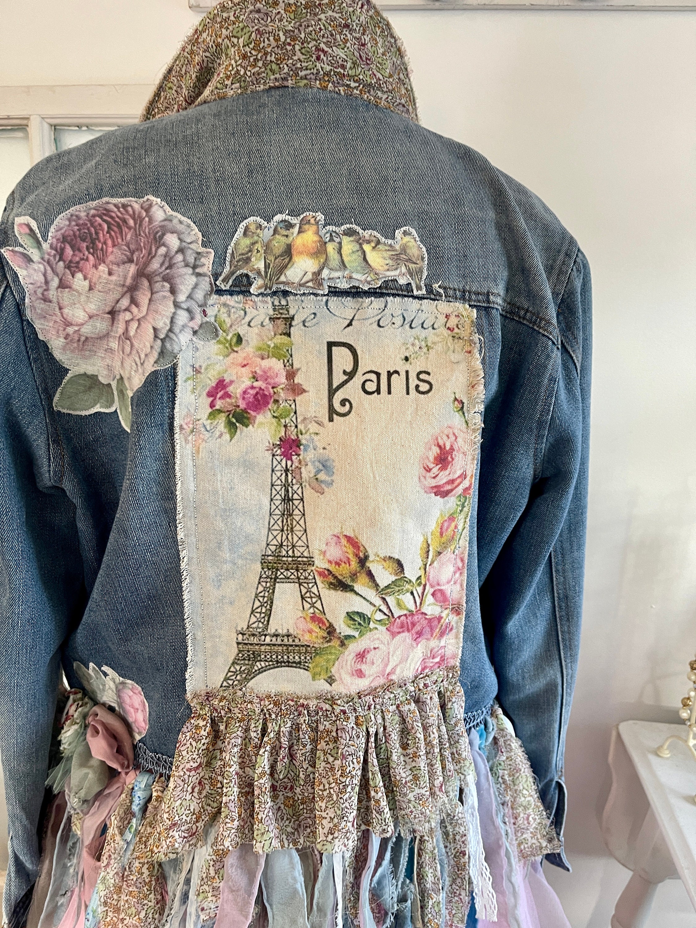 Paris Denim Jean Jacket, Paris Floral Appliques on Jean Jacket, Concert ...