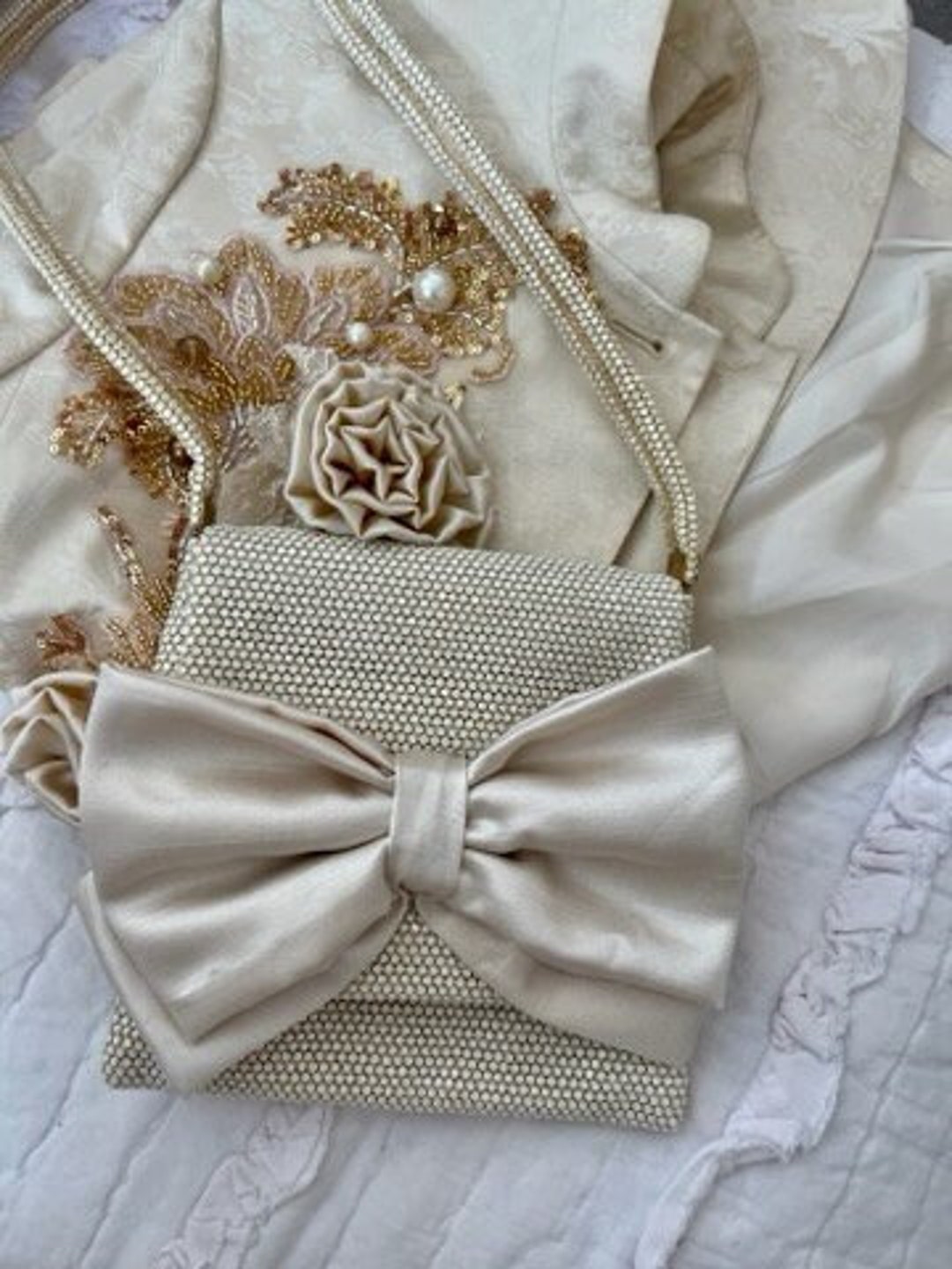 Cream Color Vintage Purse With Satin Bow, Vintage Cream Bow Purse ...
