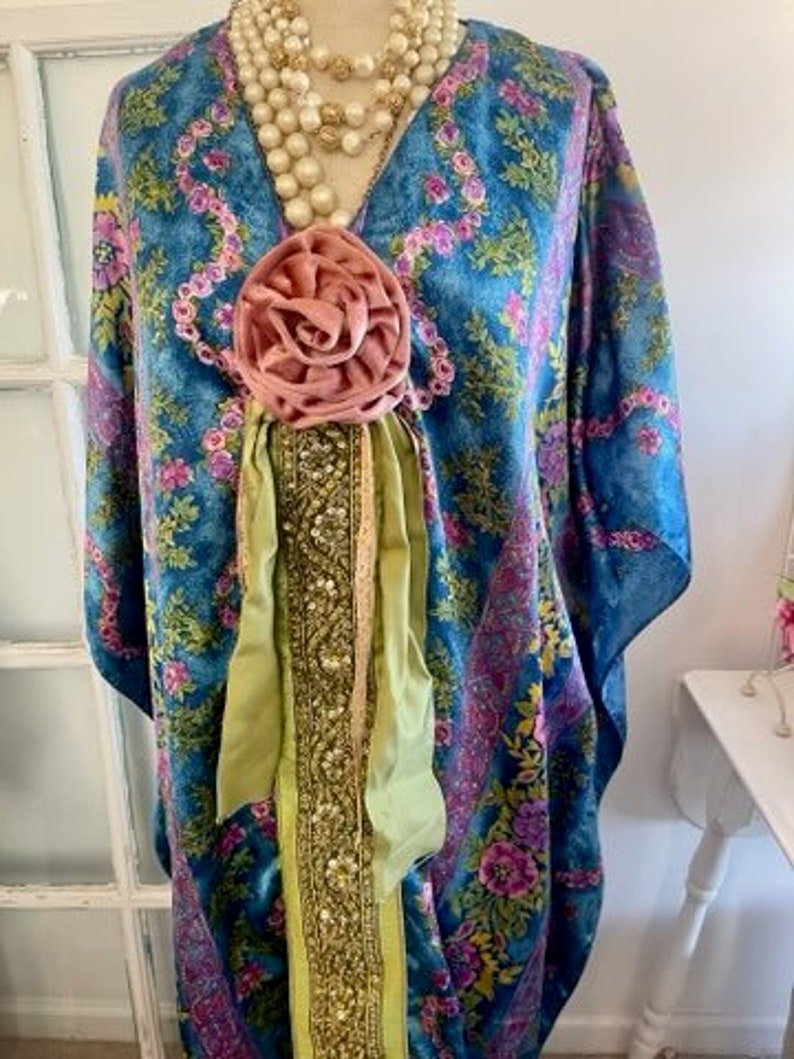 Blue Floral Print Silky Kaftan, Bohemian Kaftan, Embellished Boho ...