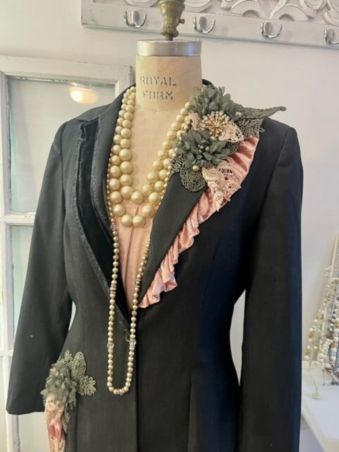 Dark Gray Blazer With Pink Ruffle, Dark Grey Blazer Jacket, Size 6-8 ...