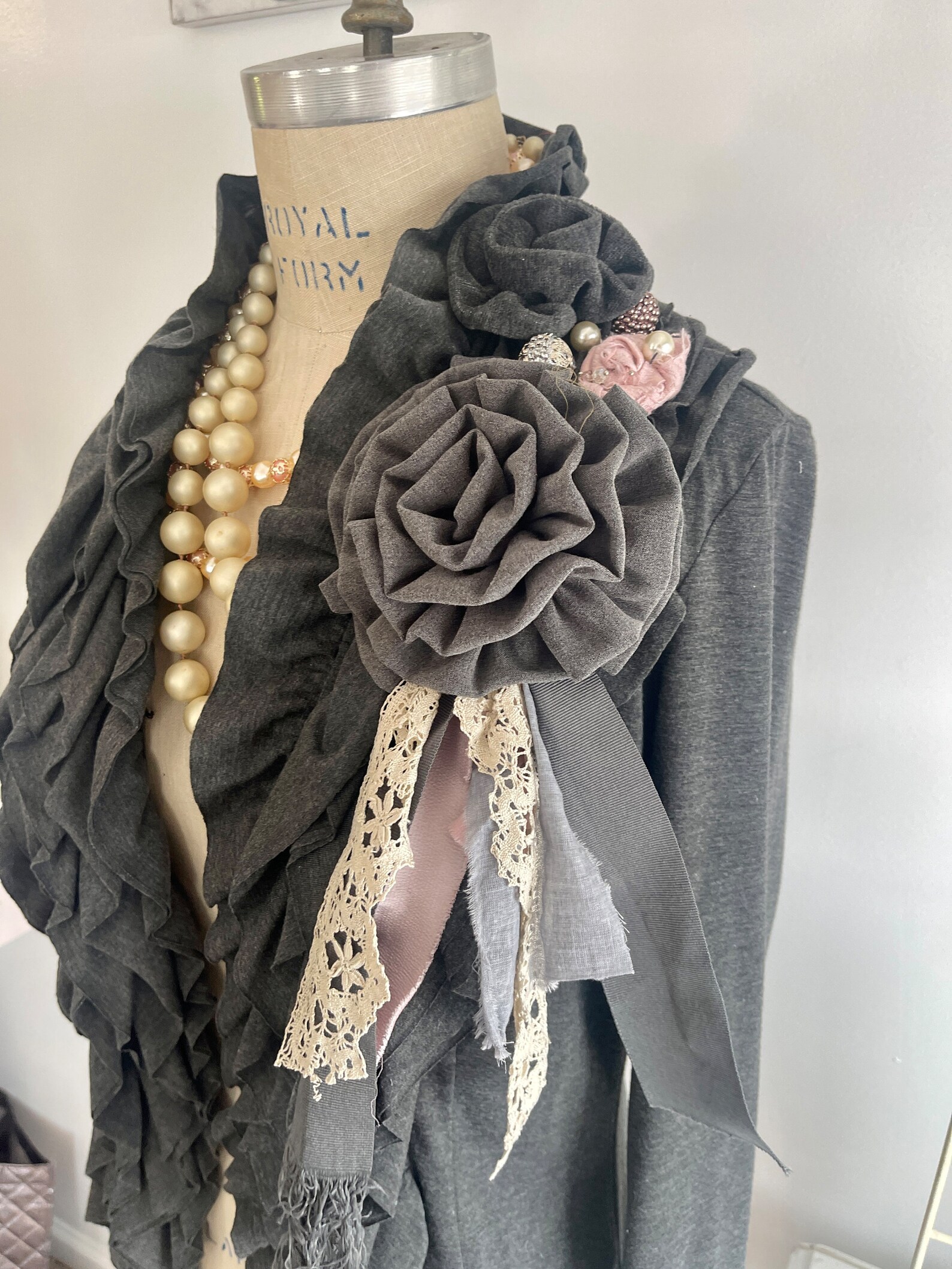 Upcycled Couture Clothing, Gray Jersey Ruffle Cardigan, Girly Style ...