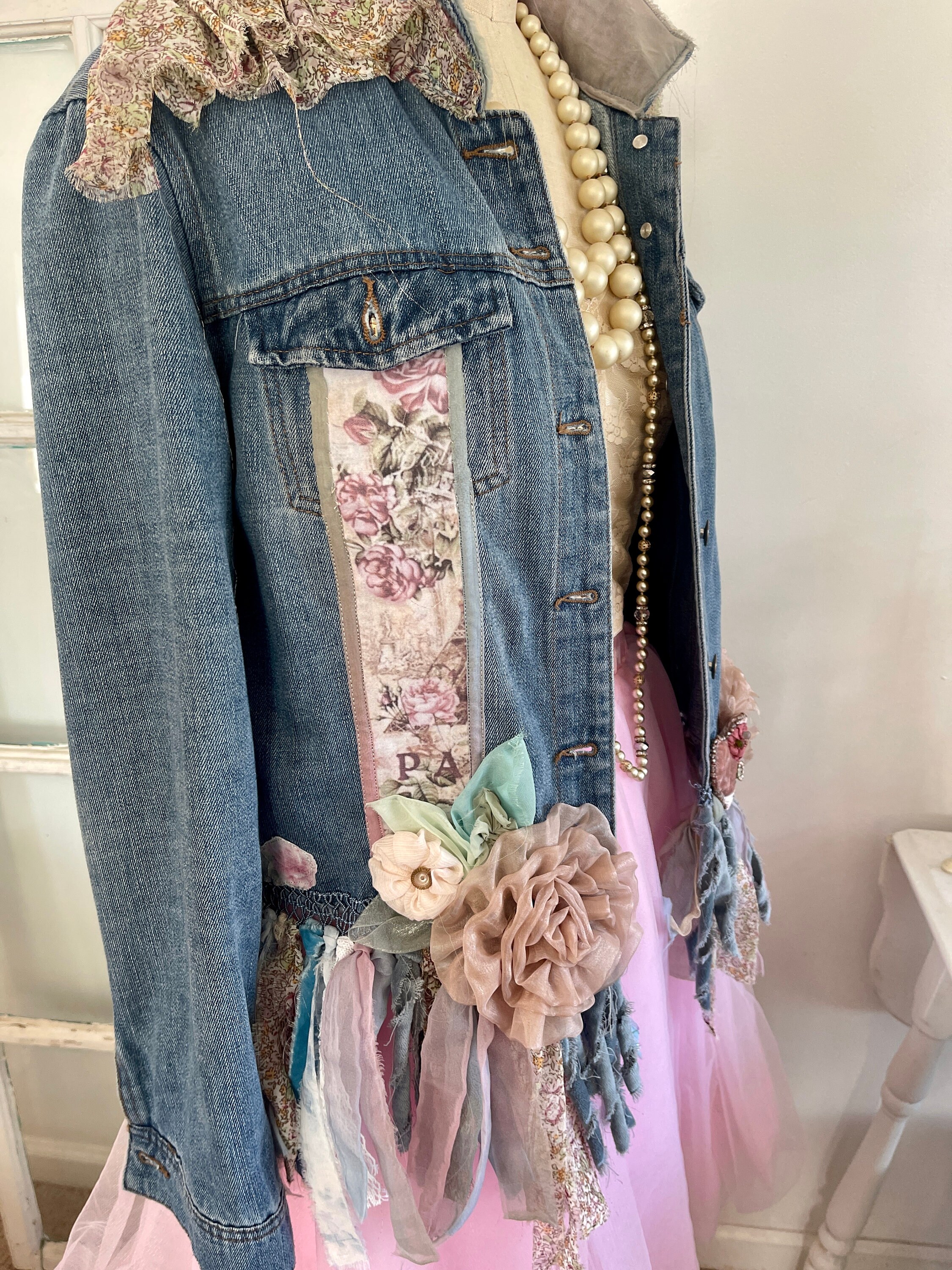 Paris Denim Jean Jacket, Paris Floral Appliques on Jean Jacket, Concert ...