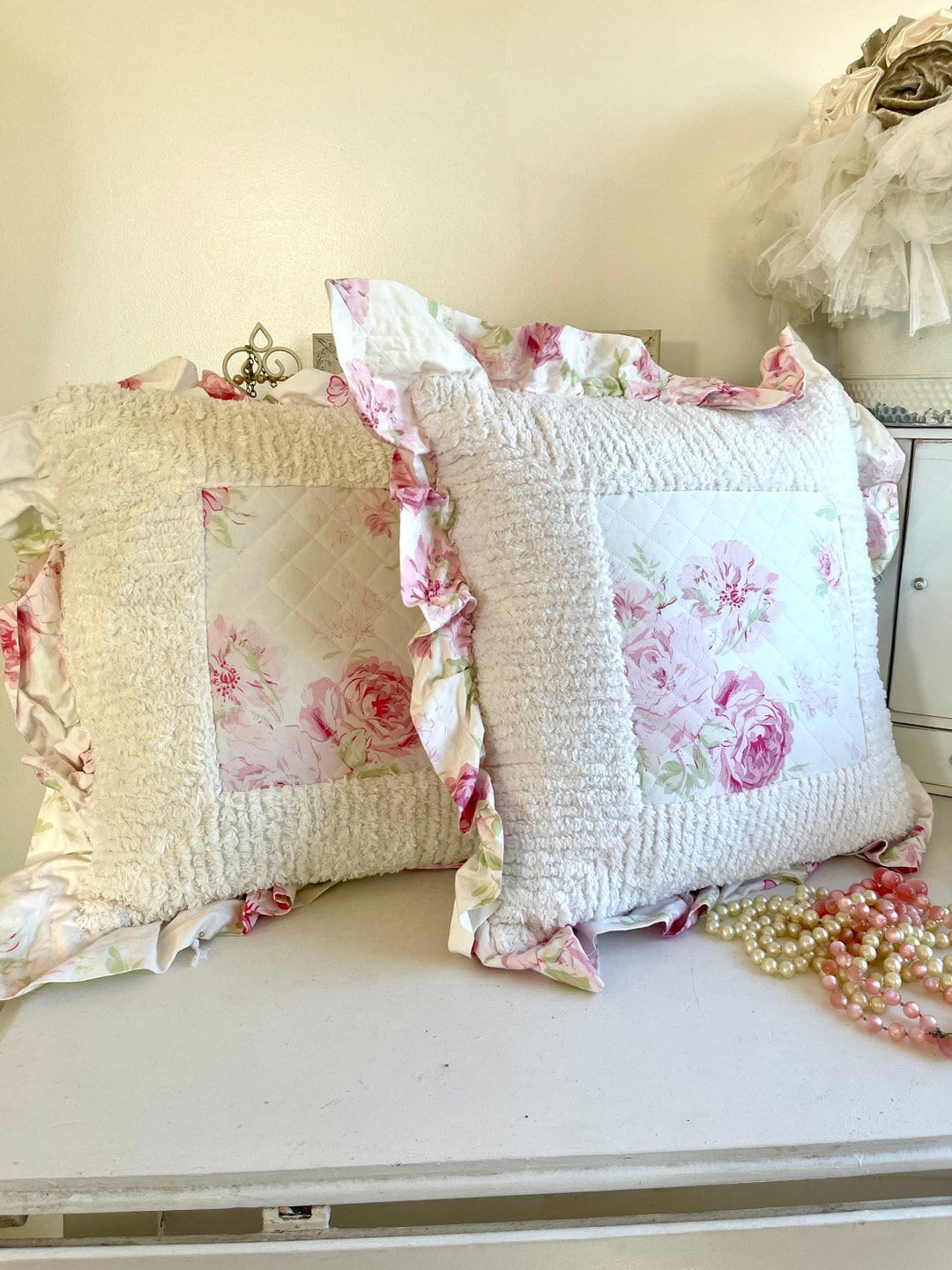 Set of Two Handmade Pillows, Shabby Chic Large Handmade Pillows, French ...