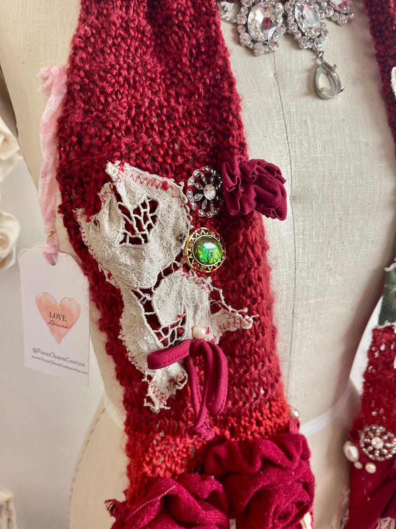 Handmade Statement Scarf: Red Roses, Vintage Lace & Beaded Trim - Etsy