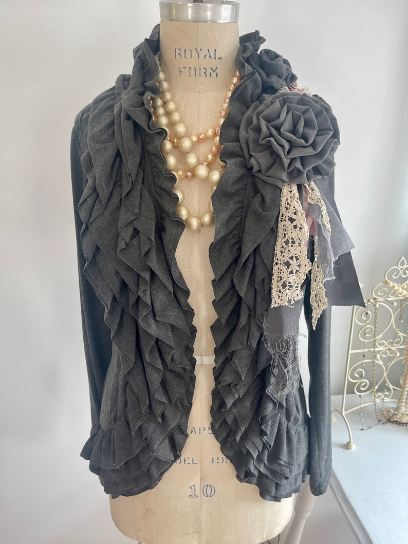 Upcycled Couture Clothing, Gray Jersey Ruffle Cardigan, Girly Style ...