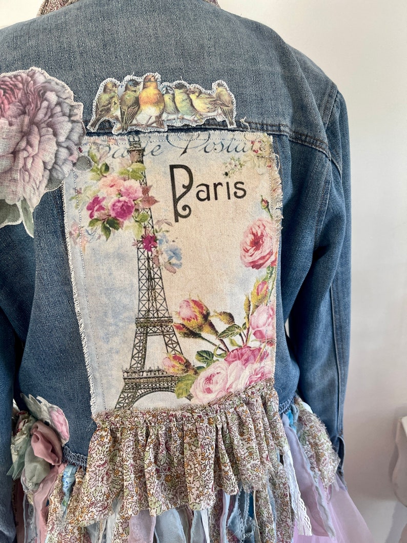 Paris Denim Jean Jacket, Paris Floral Appliques on Jean Jacket, Concert ...