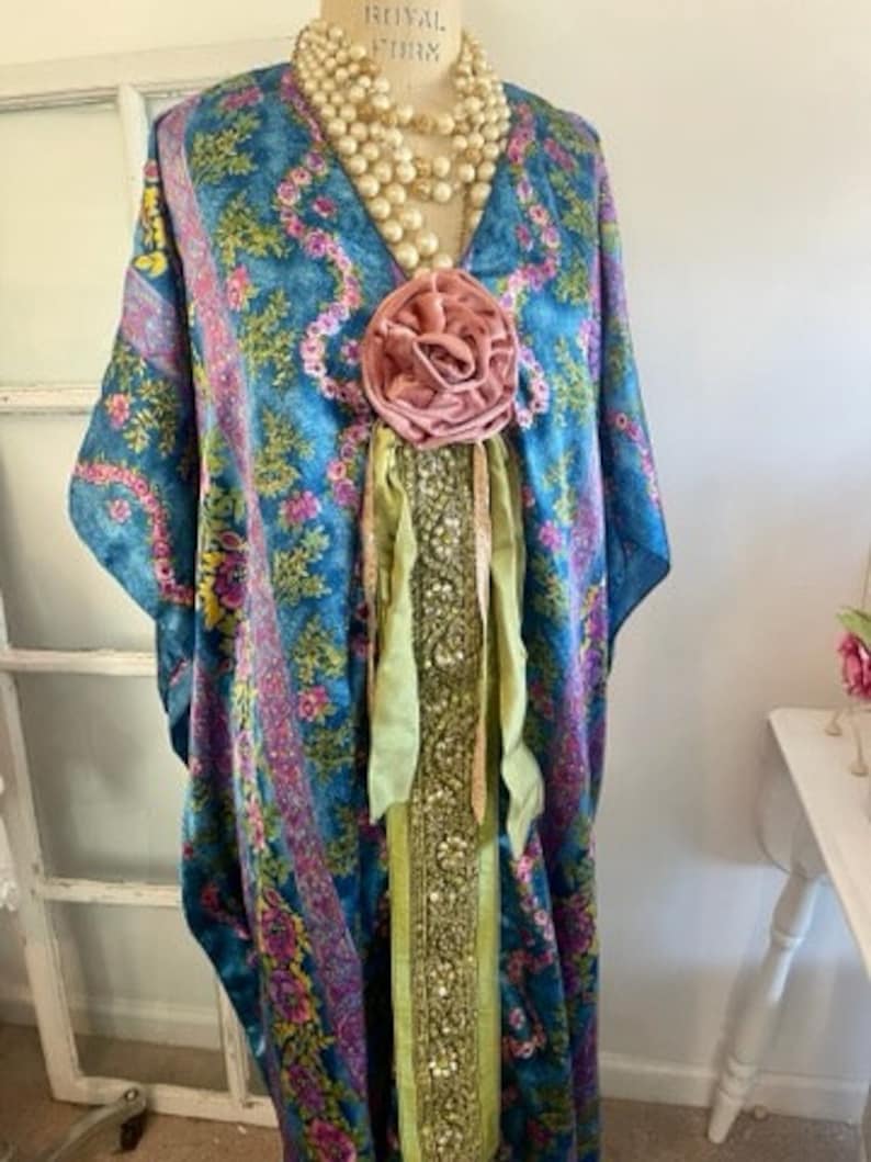 Blue Floral Print Silky Kaftan, Bohemian Kaftan, Embellished Boho ...