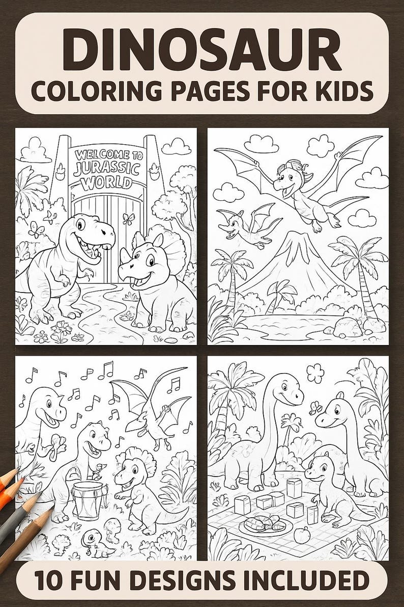 Jurassic Dinosaur Coloring Book for Kids – 10 Fun Dino Adventure Pages ...