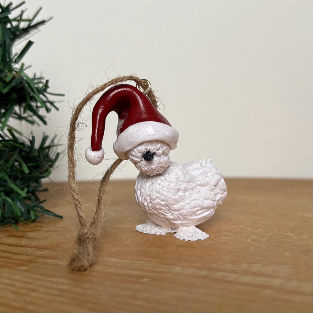 White Showgirl Silkie Chicken With Santa Hat, Mini Clay Ornament ...