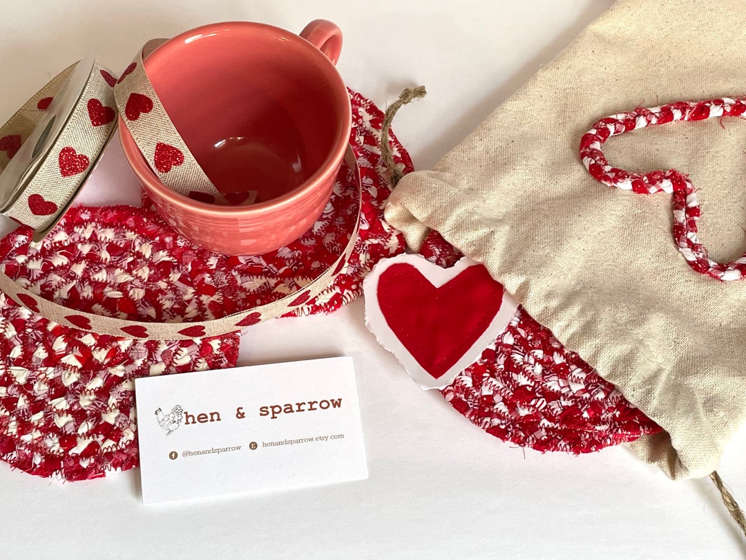 Braided Fabric Coasters, Set of Four, Red and White, Valentines Gift ...