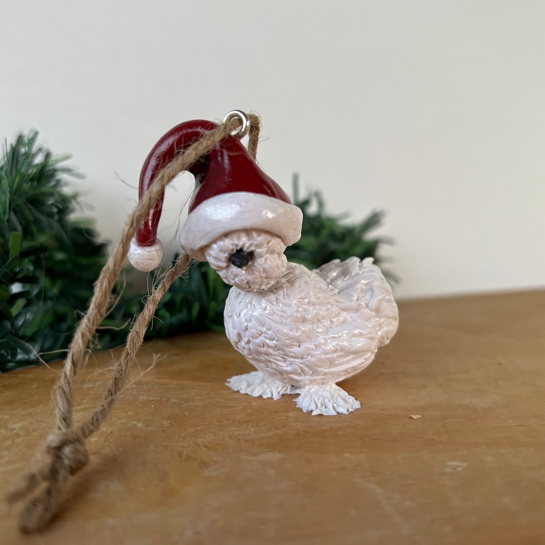 White Showgirl Silkie Chicken With Santa Hat, Mini Clay Ornament ...