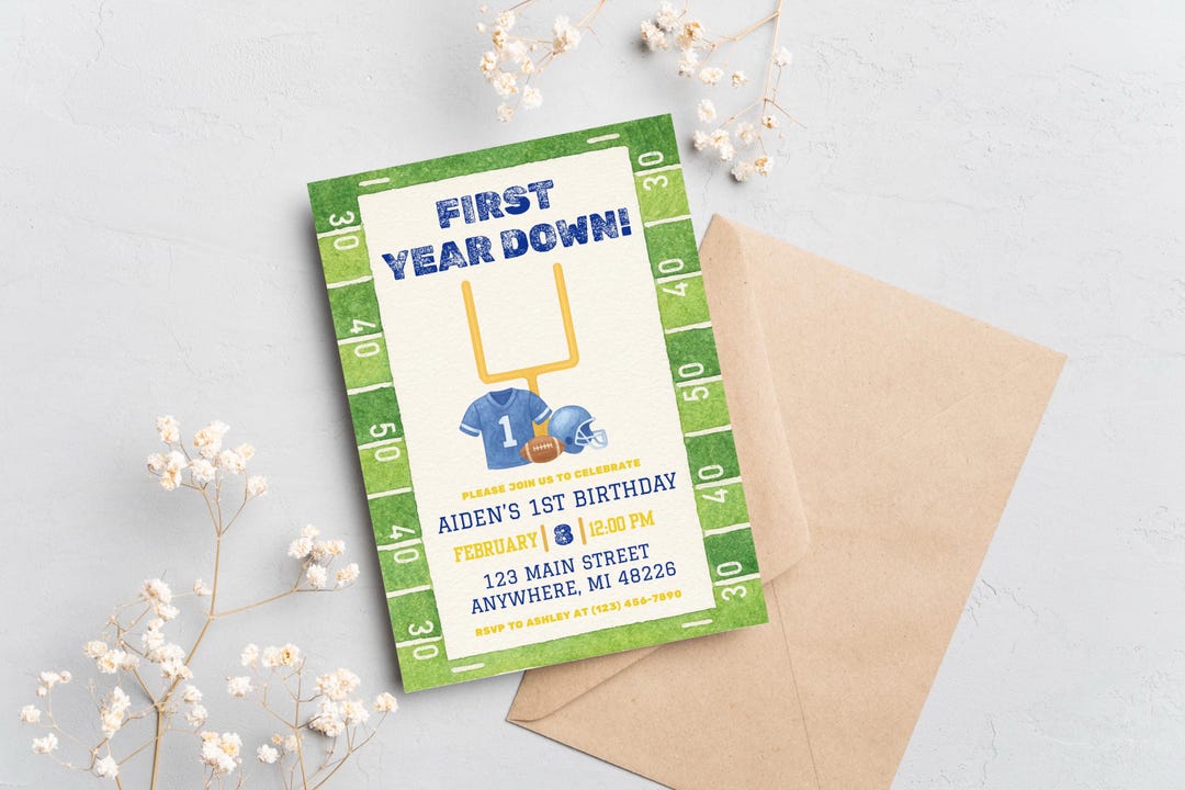 First Year Down Birthday Invitation, Football, Blue, Maize, Goal Post ...