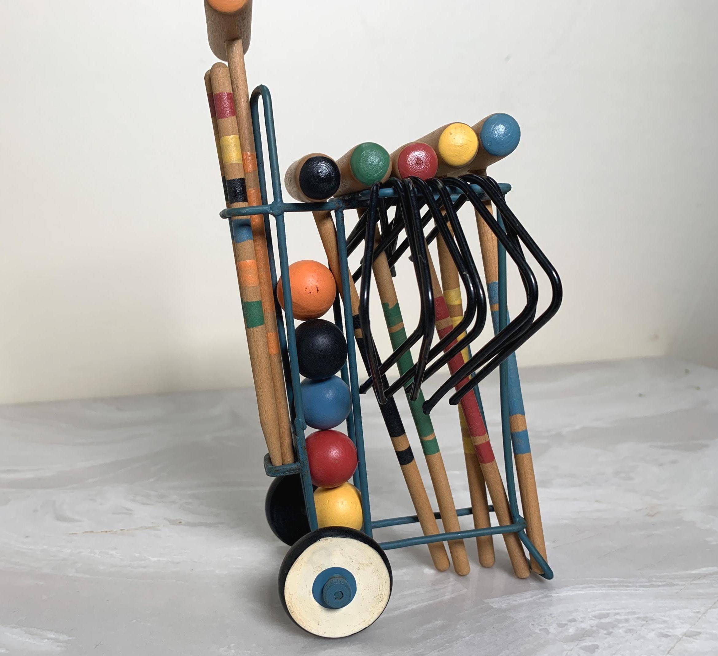 Vintage Croquet Set Miniature Wooden Mallet, Metal Cart, Balls, Wickets ...